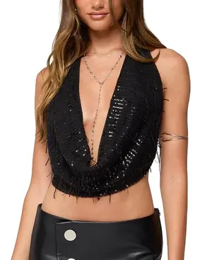 EDIKTED Fringed Sequin Halter Top - Black