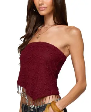 EDIKTED Textured Asymmetric Beaded Strapless Top