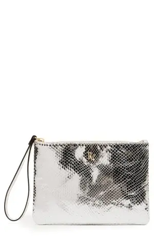 FRANCES VALENTINE Snakeskin Embossed Metallic Leather Wristlet - Silver