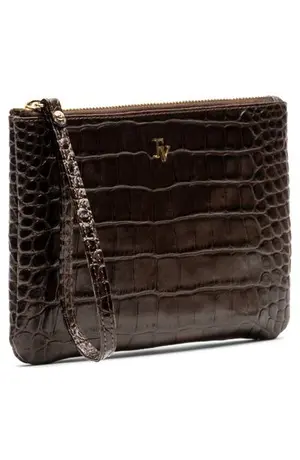 FRANCES VALENTINE Croc Embossed Leather Wristlet - Brown