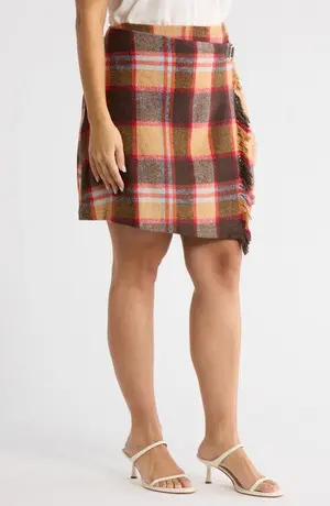 SUGARLIPS Plaid Mini Wrap Skirt With Fringe