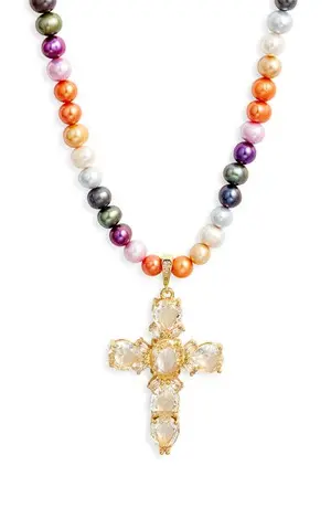 VIDAKUSH Cross Pendant Pearl Necklace - Gold