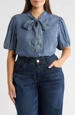 SUGARLIPS Georgina Tie Neck Chambray Top