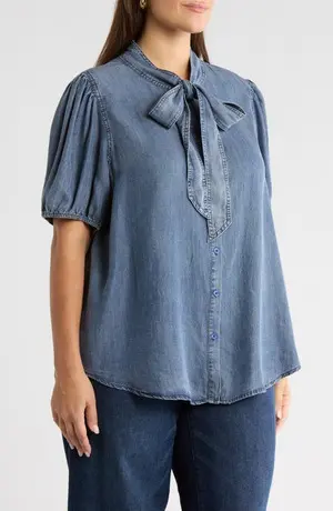 SUGARLIPS Georgina Tie Neck Chambray Top