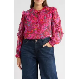 SUGARLIPS Paisley Print Top With Ruffle And Balloon Sleeves - Fuchsia-mult