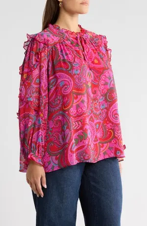 SUGARLIPS Paisley Print Top With Ruffle And Balloon Sleeves - Fuchsia-mult