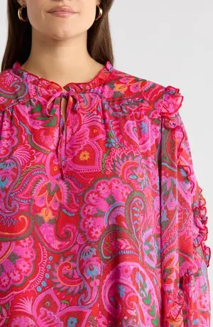 SUGARLIPS Paisley Print Top With Ruffle And Balloon Sleeves - Fuchsia-mult