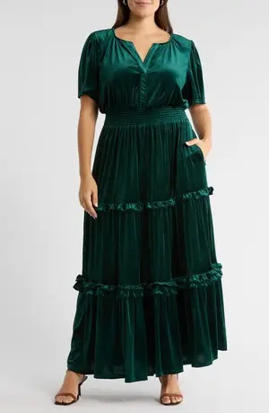 SUGARLIPS Velvet Tiered Maxi Dress - Emerald