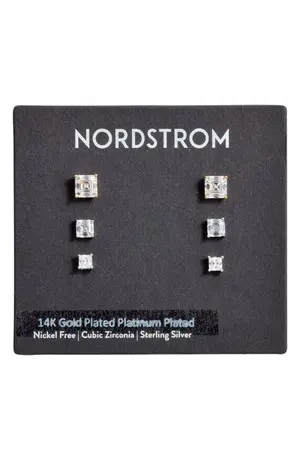 Nordstrom 3-pack Cubic Zirconia Square Stud Earrings - 14k Goldlatinum Plating