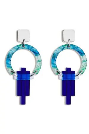 TOOLALLY Petite Art Deco Chandelier Earrings - Blue & Green Lava
