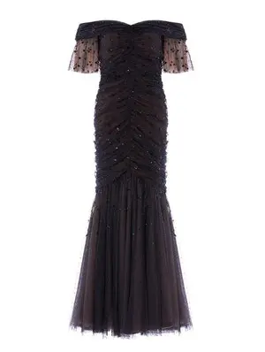 NEEDLE & THREAD Sequin Rouched Off-shoulder Gown