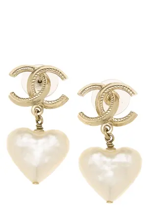 Chanel Gold 'cc' Heart Drop Earrings - White