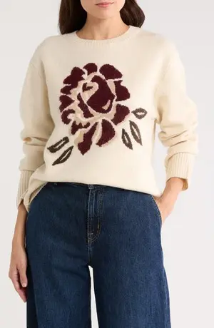 Vince Camuto Rose Jacquard Crewneck Sweater - Birch