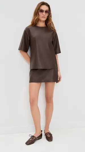 LE BOP Faux Leather Mini Skirt - Coffee