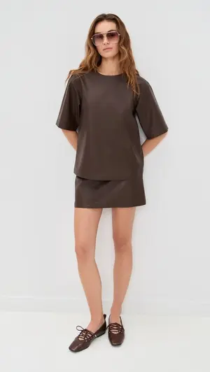 LE BOP Caroline Faux Leather Tee - Coffee