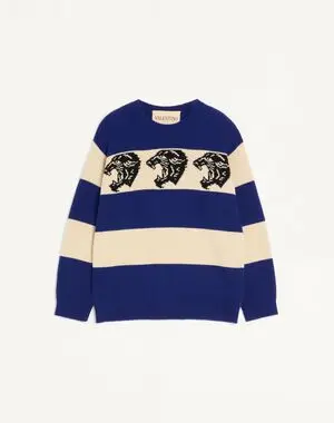 Valentino Garavani Wool Jumper With Jacquard Panther Pattern - Indigo/butter