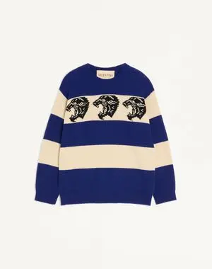 Valentino Garavani Wool Jumper With Jacquard Panther Pattern - Indigo/butter