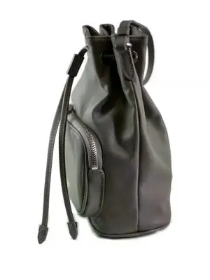 LA ROSE Drawstring Zip Leather Bucket Bag - Grey