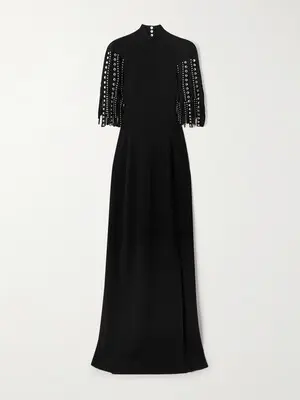 LANVIN Fringed Cape-effect Studded Knitted Turtleneck Gown