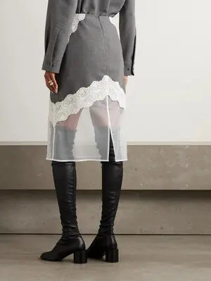 JIL SANDER Lace And Organza-trimmed Grain De Poudre Wool Midi Skirt - Gray