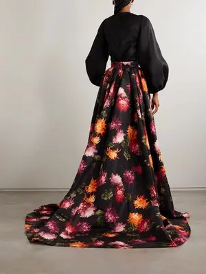 Carolina Herrera Pleated Floral-print Faille Maxi Skirt