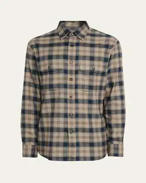 Brioni Cotton Flannel Plaid Button-down Shirt - White/blue