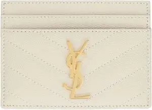 Saint Laurent Leather Card Holder With Logo - Beige