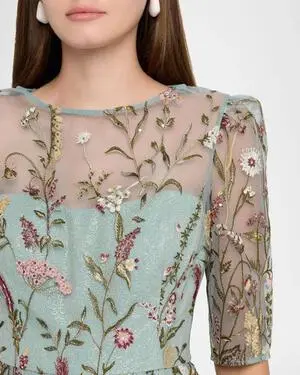 Rickie Freeman For Teri Jon Floral-embroidered Gown - Sage Multi