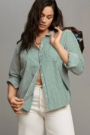 Maeve The Kate Classic Buttondown Shirt - Green & White Stripe