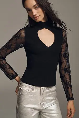 PILCRO Long-sleeve Keyhole Lace Top