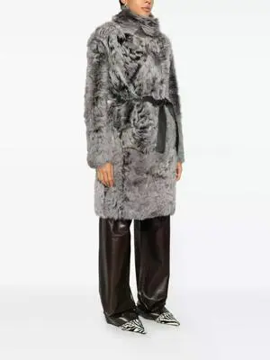 YVES SALOMON Belted Shearling Coat - Grey