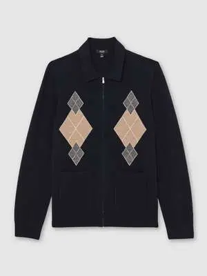 REISS Zip-through Argyle Wool Cardigan - Navy