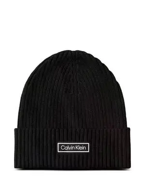 Calvin Klein Logo-patch Ribbed Beanie - Black