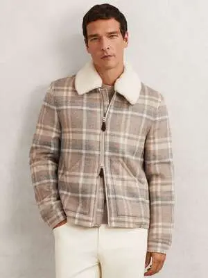 REISS Chander Wool-blend Check Jacket With Fleece Collar