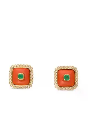 DENISE CASSOU 18k Yellow Diamond, Coral, And Emerald Earrings - Gold