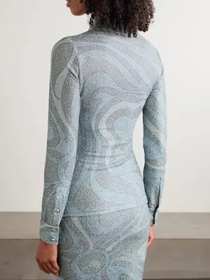 Emilio Pucci Printed Metallic Jersey Polo Shirt - Silver