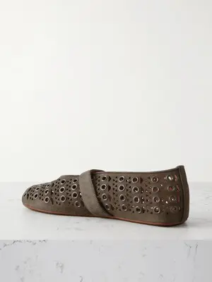 Alaïa Eyelet-embellished Perforated Suede Ballet Flats - Gray