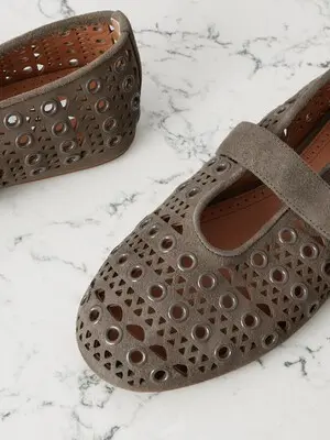 Alaïa Eyelet-embellished Perforated Suede Ballet Flats - Gray