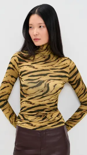 GANNI Printed Shiny Jersey Turtleneck