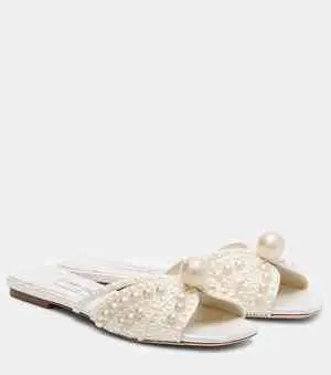 JIMMY CHOO Siva Embellished Satin Slides - White