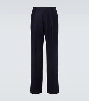 Dries Van Noten Navy Wool Flannel Wide-leg Pants - Blue