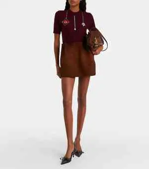 Prada Embellished Knitted Virgin Wool Top - Burgundy