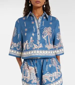 ALEMAIS Alémais Acacia Printed Cropped Linen Shirt - Blue