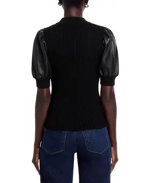T Tahari Elbow Sleeve Ribbed Pullover With Faux Leather Sleeves