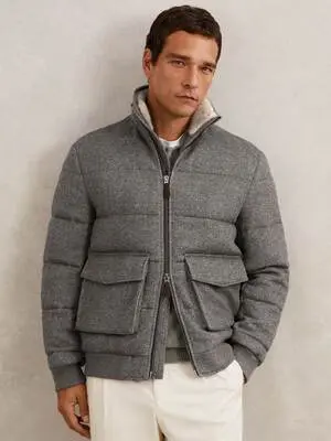 REISS Faux-fur Collar Quilted Puffer Jacket - Grey