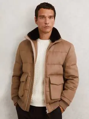 REISS Faux-fur Collar Quilted Puffer Jacket - Light Brown