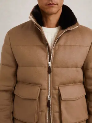 REISS Faux-fur Collar Quilted Puffer Jacket - Light Brown