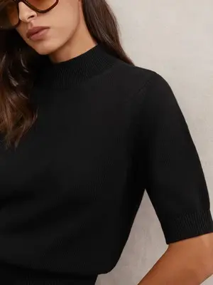REISS Aria Cotton And Wool Funnel-neck Knit Top - Black
