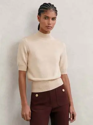 REISS Aria Cotton And Wool Funnel-neck Knit Top - Neutral