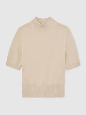 REISS Aria Cotton And Wool Funnel-neck Knit Top - Neutral